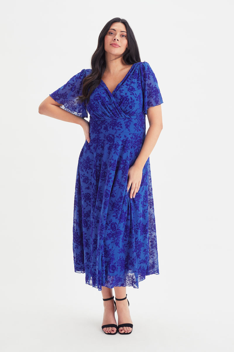 Victoria Blue Velvet Flock Angel Sleeve Mesh Midi Dress – Scarlett & Jo