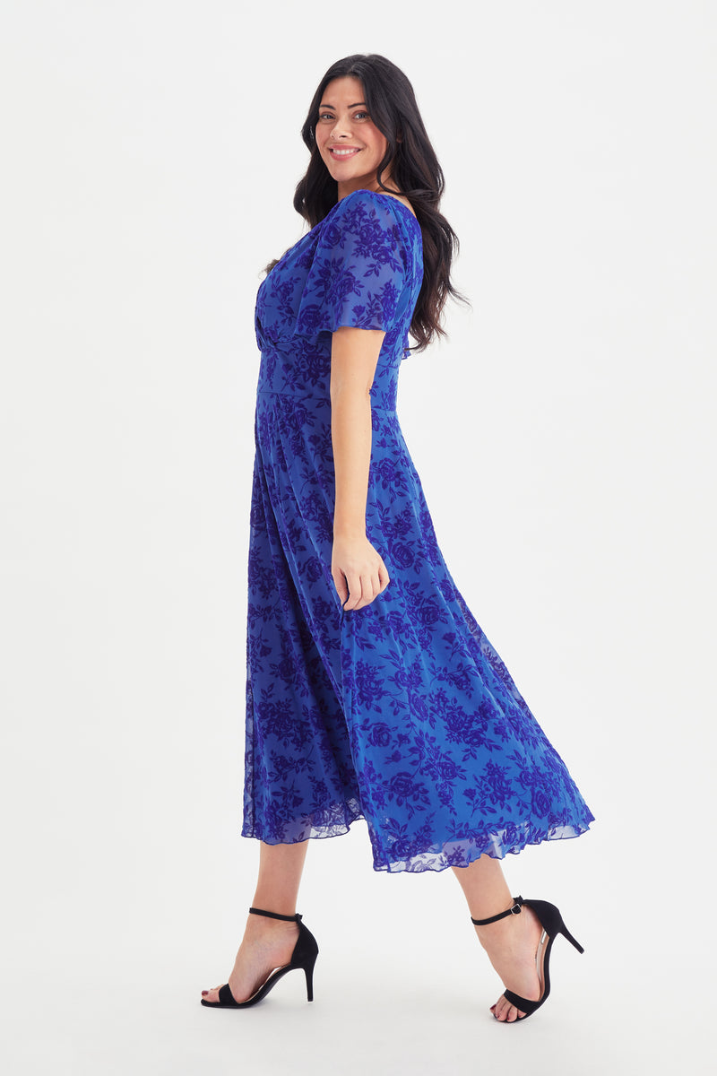 Victoria Blue Velvet Flock Angel Sleeve Mesh Midi Dress – Scarlett & Jo