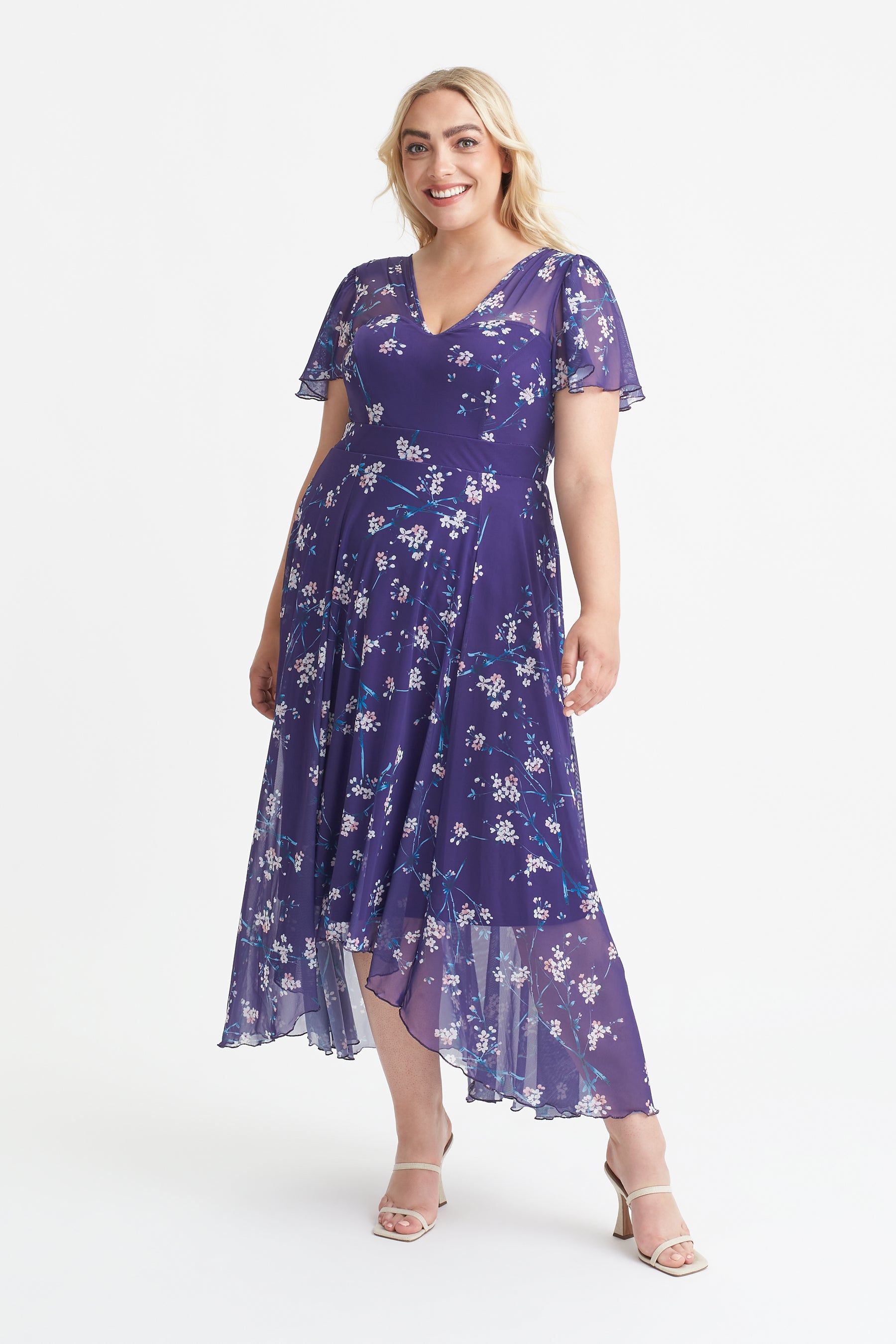 Tilly Purple Blush Print Angel Sleeve Sweetheart Dress – Scarlett & Jo