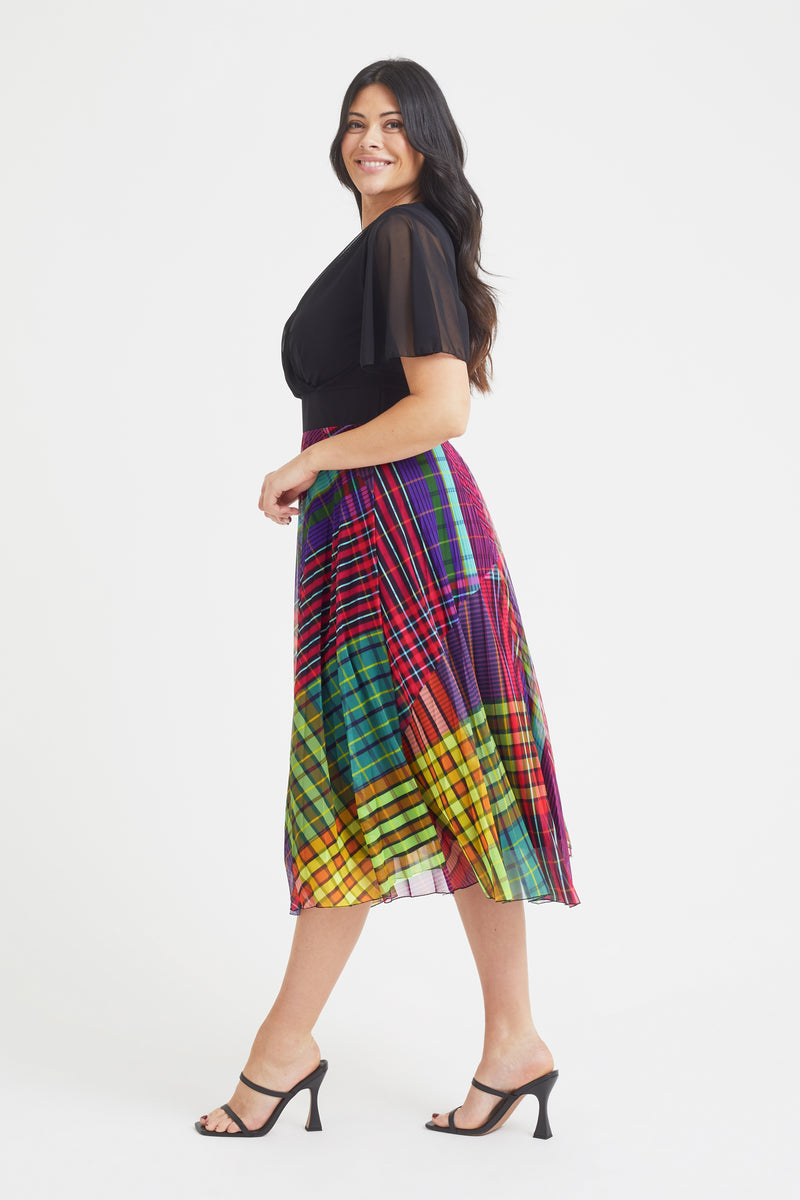 Carole Black Multi Wrap Bodice Sunray Pleated Skirt 2 in 1 Midi Dress ...